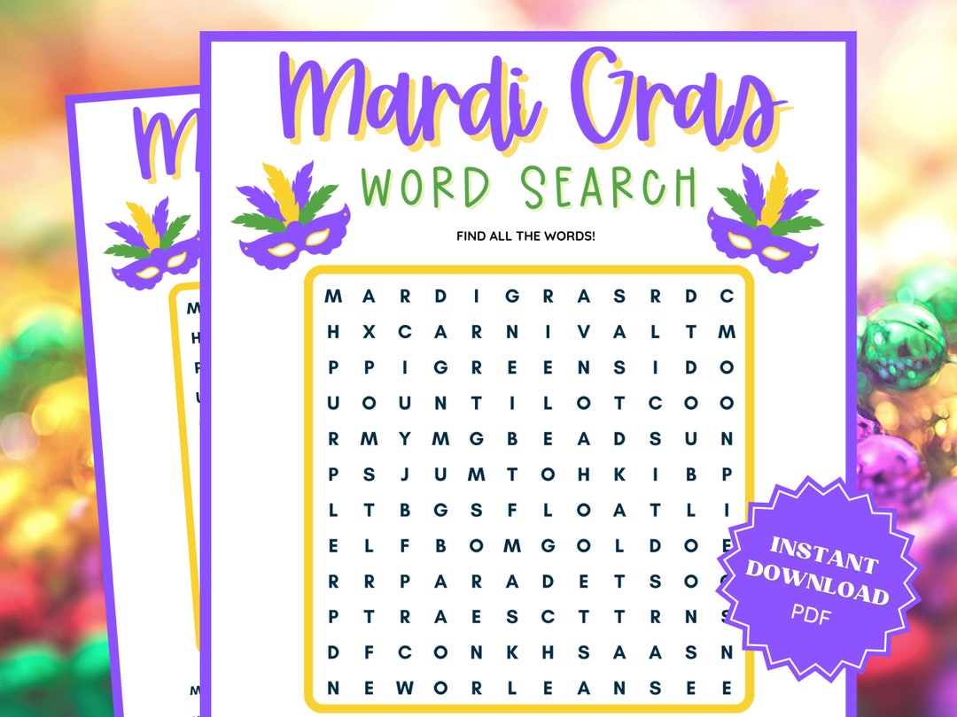 Mardi Gras Word Search Game, Mardi Gras Party, Mardi Gras Printable ...