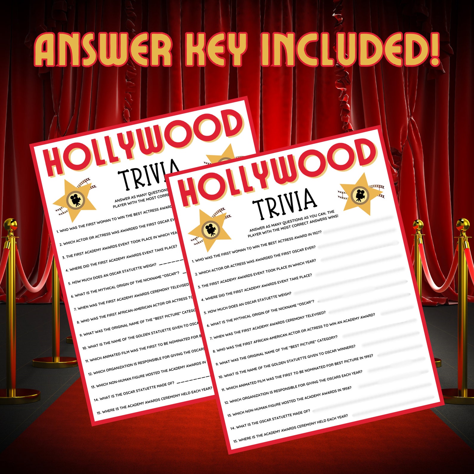 Oscars Party Trivia Game: Printable Academy Awards Quiz (digital ...