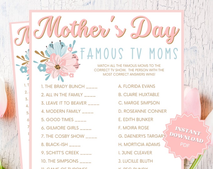 Mothers Day Games, Famous TV Moms Match up Trivia Game, Printable ...