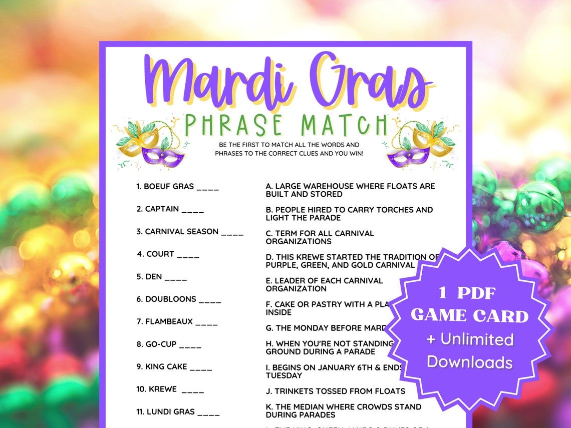 Mardi Gras Phrase Match Trivia Game: Printable Party Activity (PDF) - Etsy
