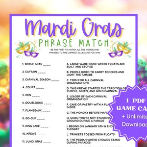 Mardi Gras Phrase Match Trivia Game: Printable Party Activity (PDF) - Etsy