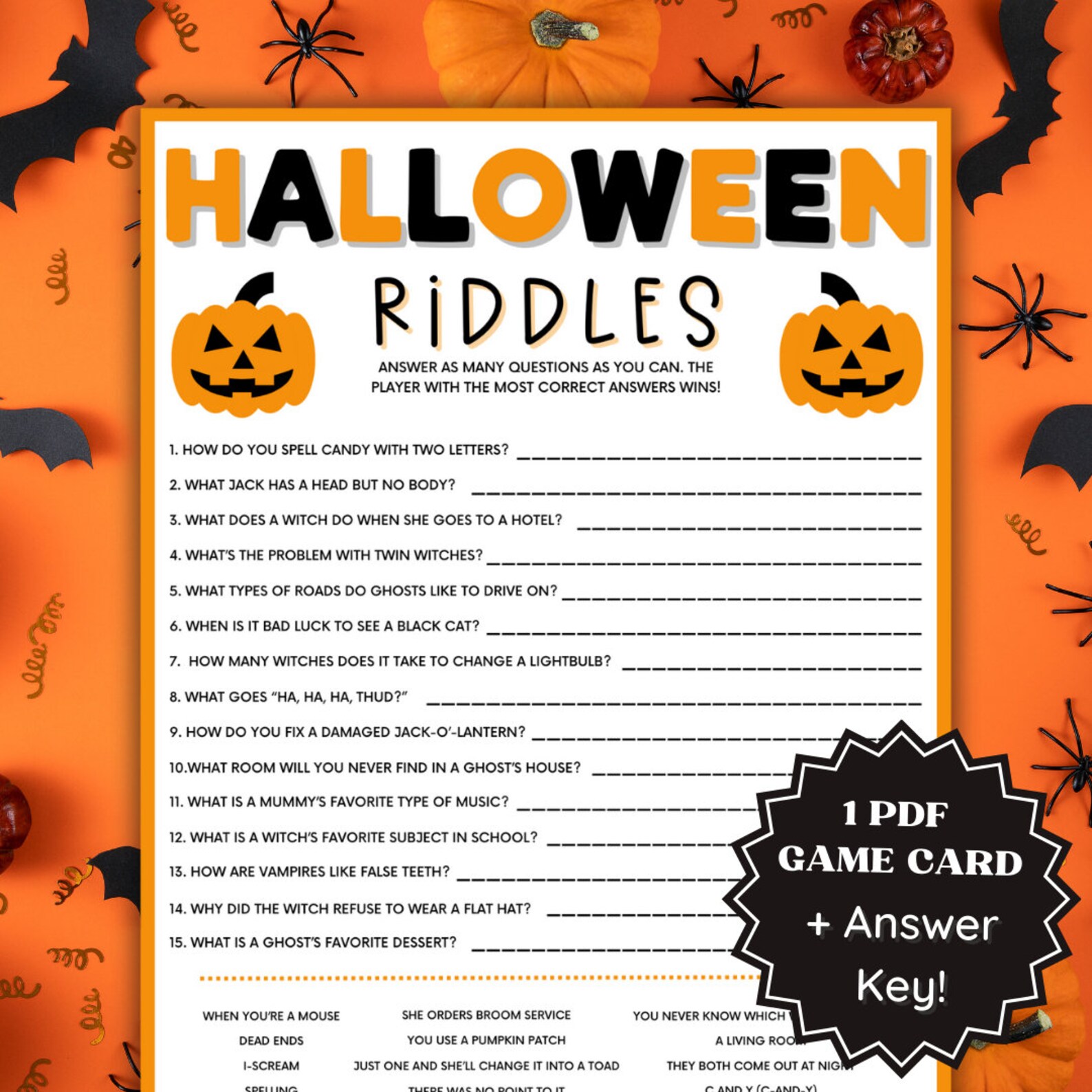 Halloween Riddles Game for Kids & Seniors (printable Digital Download ...
