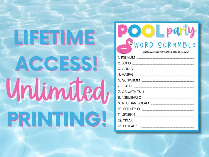 Word Scramble Pool Party Printable Game Pool Party Games - Etsy