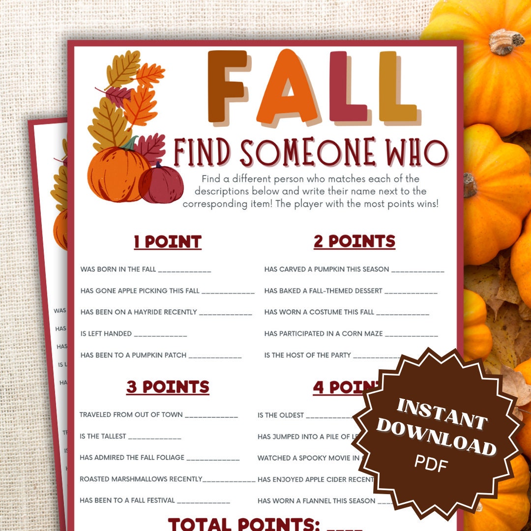 Find Someone Who Fall Game Printable, Fall Games for Teens, Fall Games ...