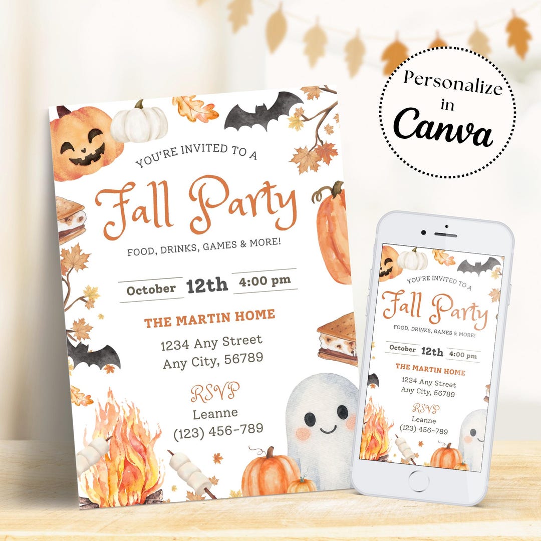 Fall Party Invitation Template | Editable Autumn Invite Digital ...