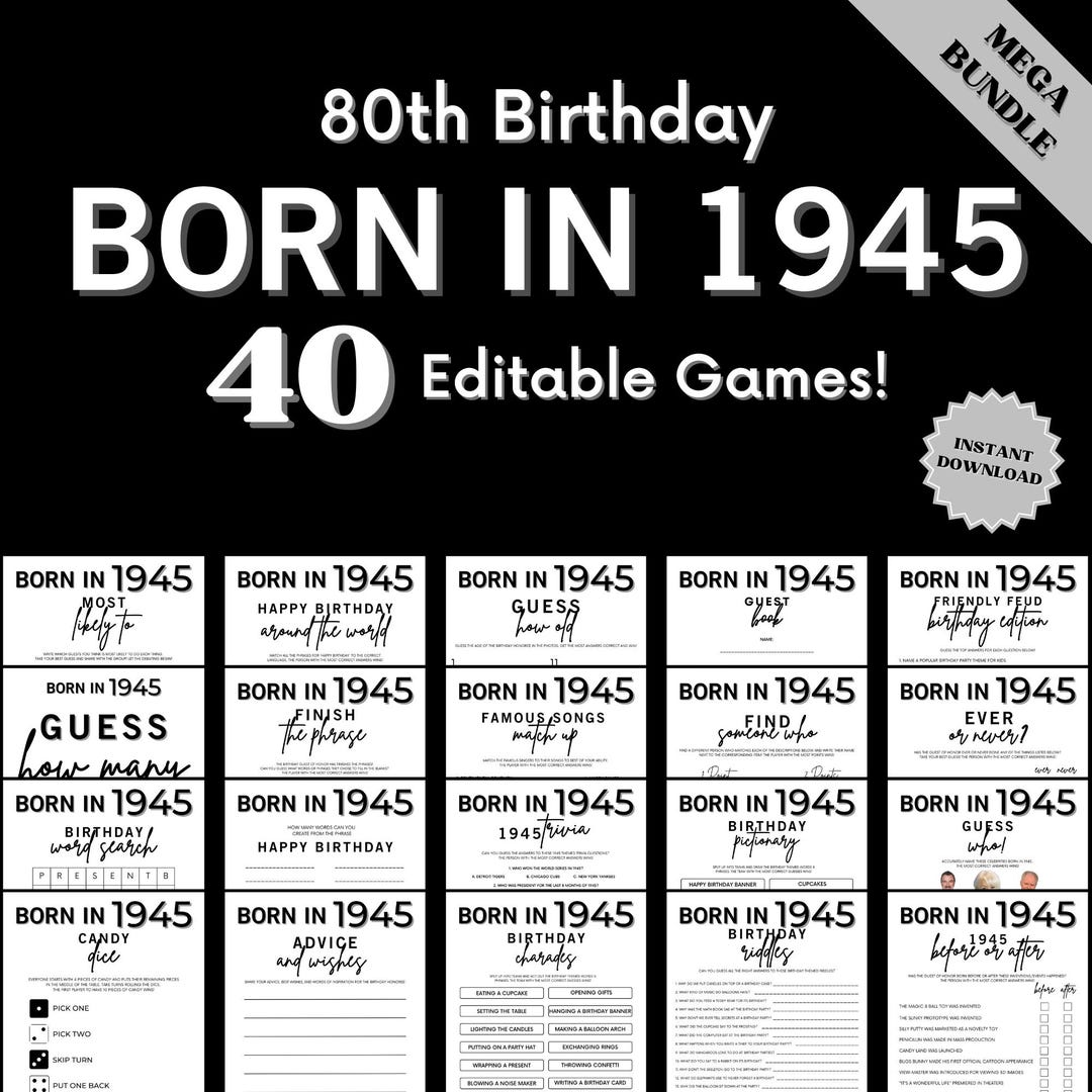 80th Birthday Games Born in 1945, 80th Birthday Party Ideas 1945, 80th ...
