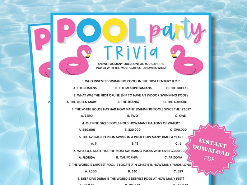 Pool Party Trivia Game: Printable Adult Summer Activity (digital ...