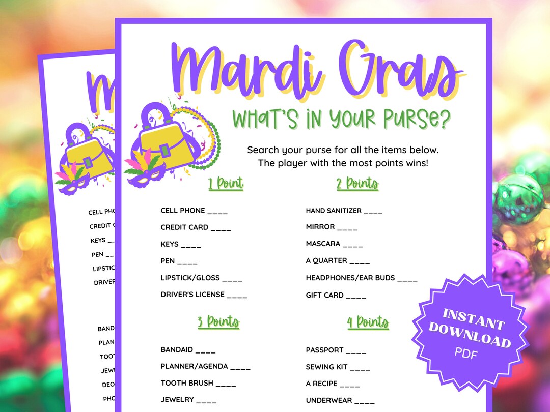 What's in Your Purse Mardi Gras Game, Mardi Gras Party, Mardi Gras ...