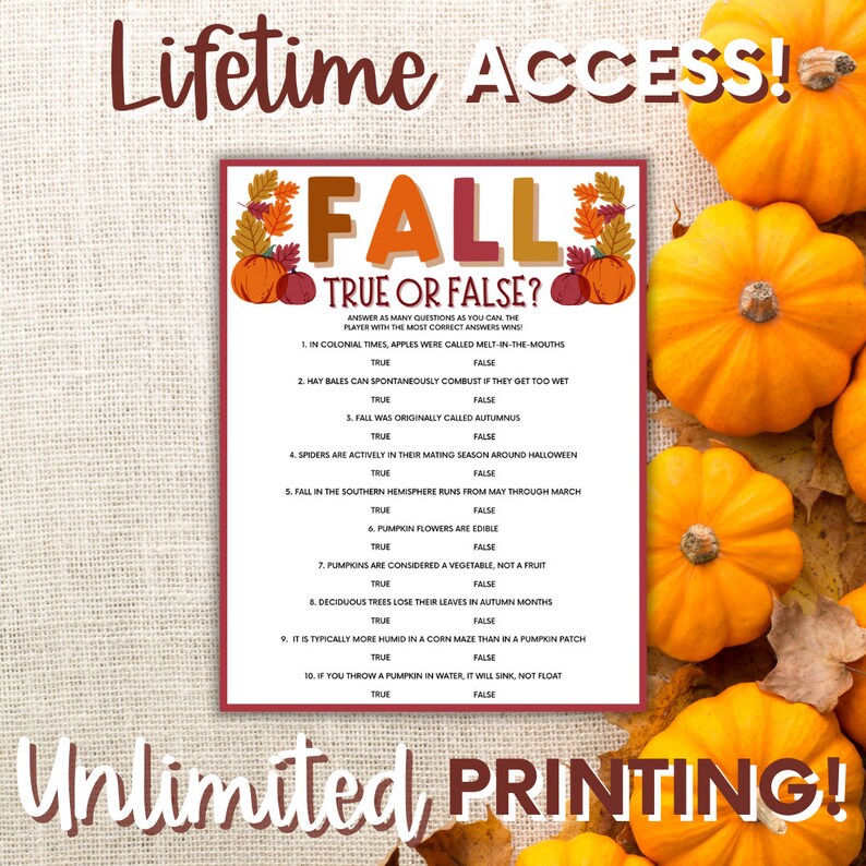 True or False Fall Trivia Game: Printable Autumn Activity (digital ...