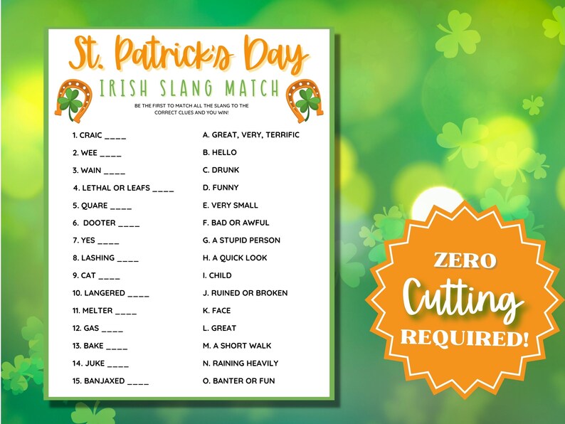 St. Patrick's Day Irish Slang Match Trivia Game (printable PDF) - Etsy
