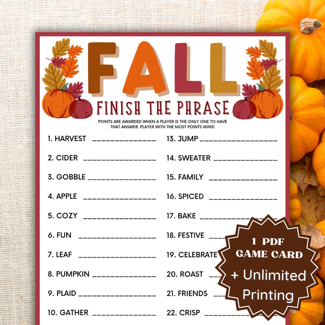 Finish the Phrase Fall Game: Printable Word Activity (PDF) - Etsy