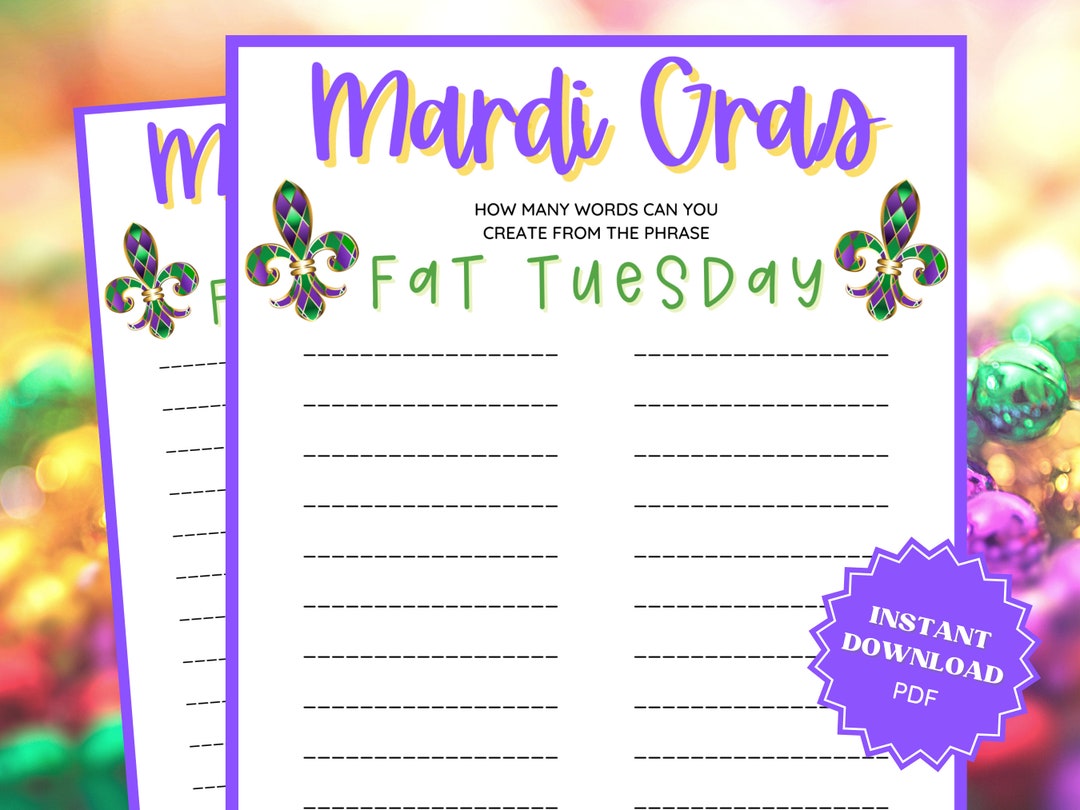 Mardi Gras Fat Tuesday Word Game, Mardi Gras Party, Mardi Gras ...