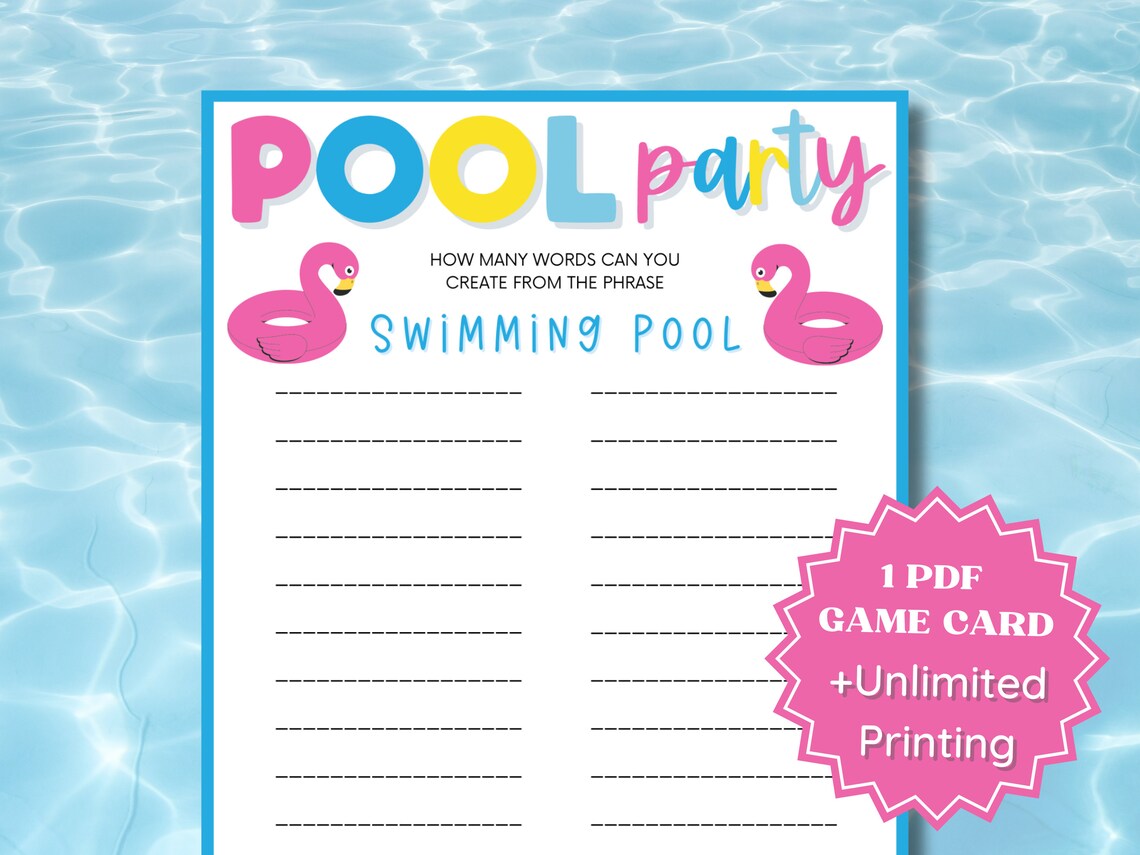 Word Game Pool Party Printable Game for Kids Pool Party - Etsy