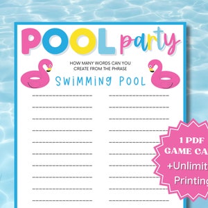 Word Game Pool Party Printable Game for Kids, Pool Party Games, Word ...