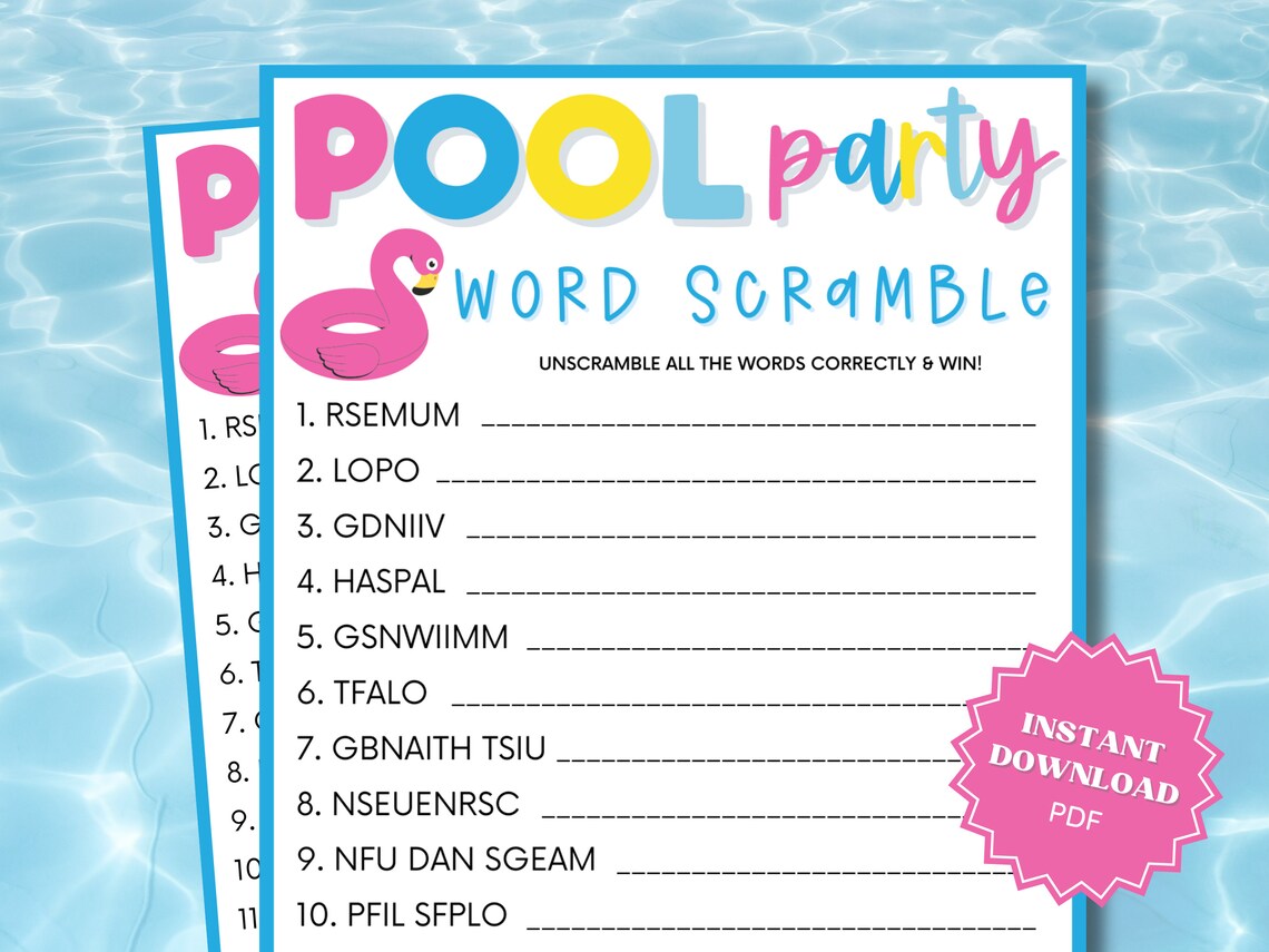 Word Scramble Pool Party Printable Game Pool Party Games - Etsy