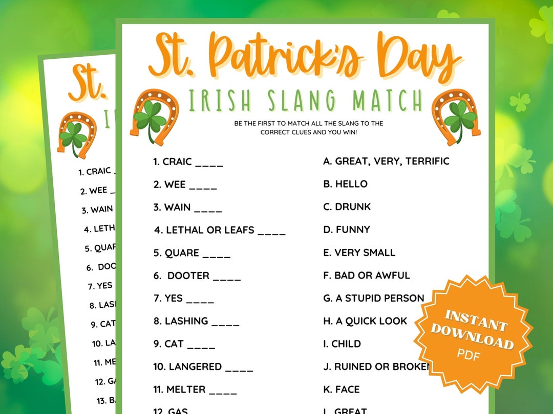 St Patricks Day Irish Slang Match Trivia Game, St Patricks Games, St ...