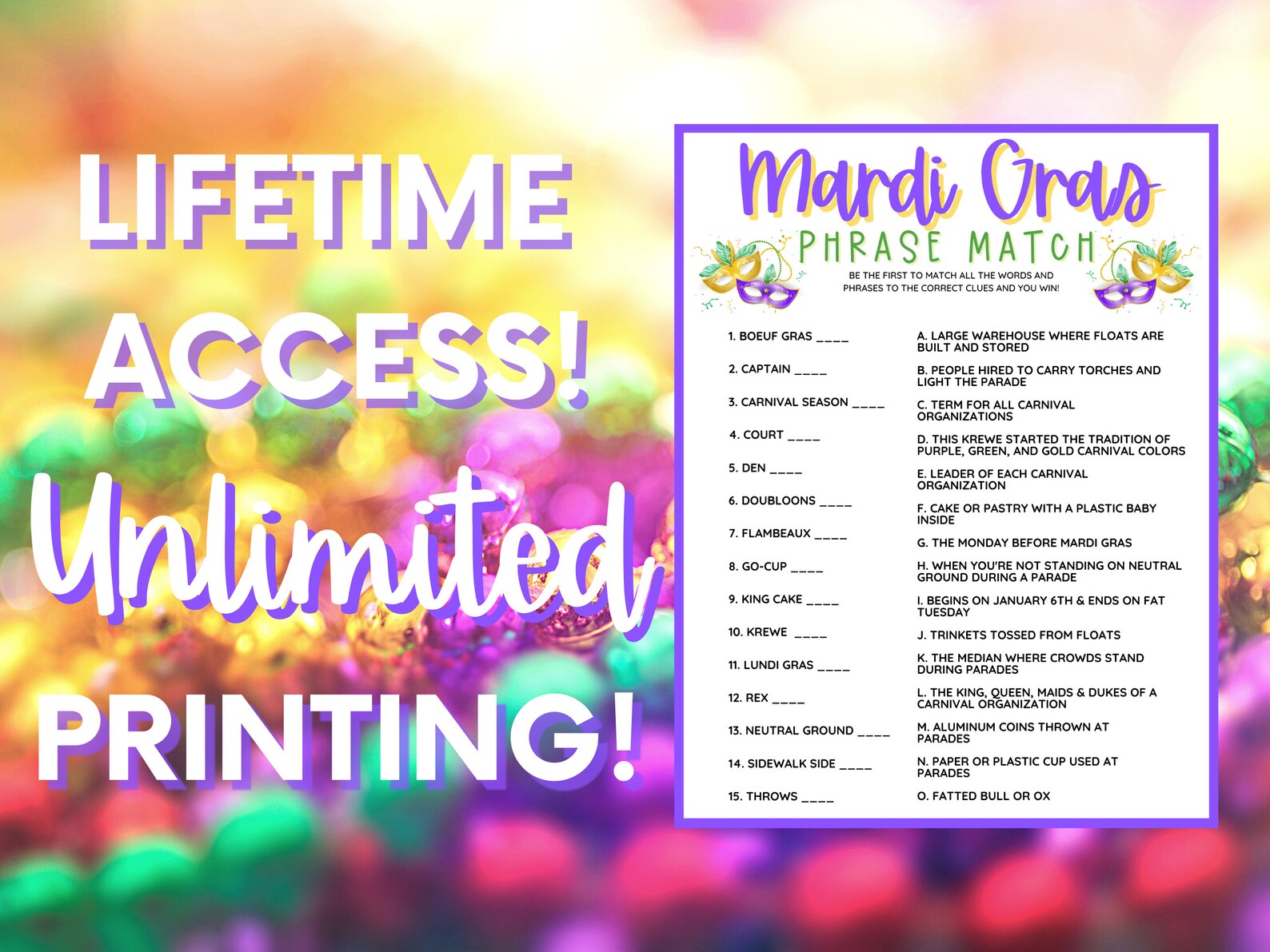Mardi Gras Phrase Match Trivia Game: Printable Party Activity (PDF) - Etsy