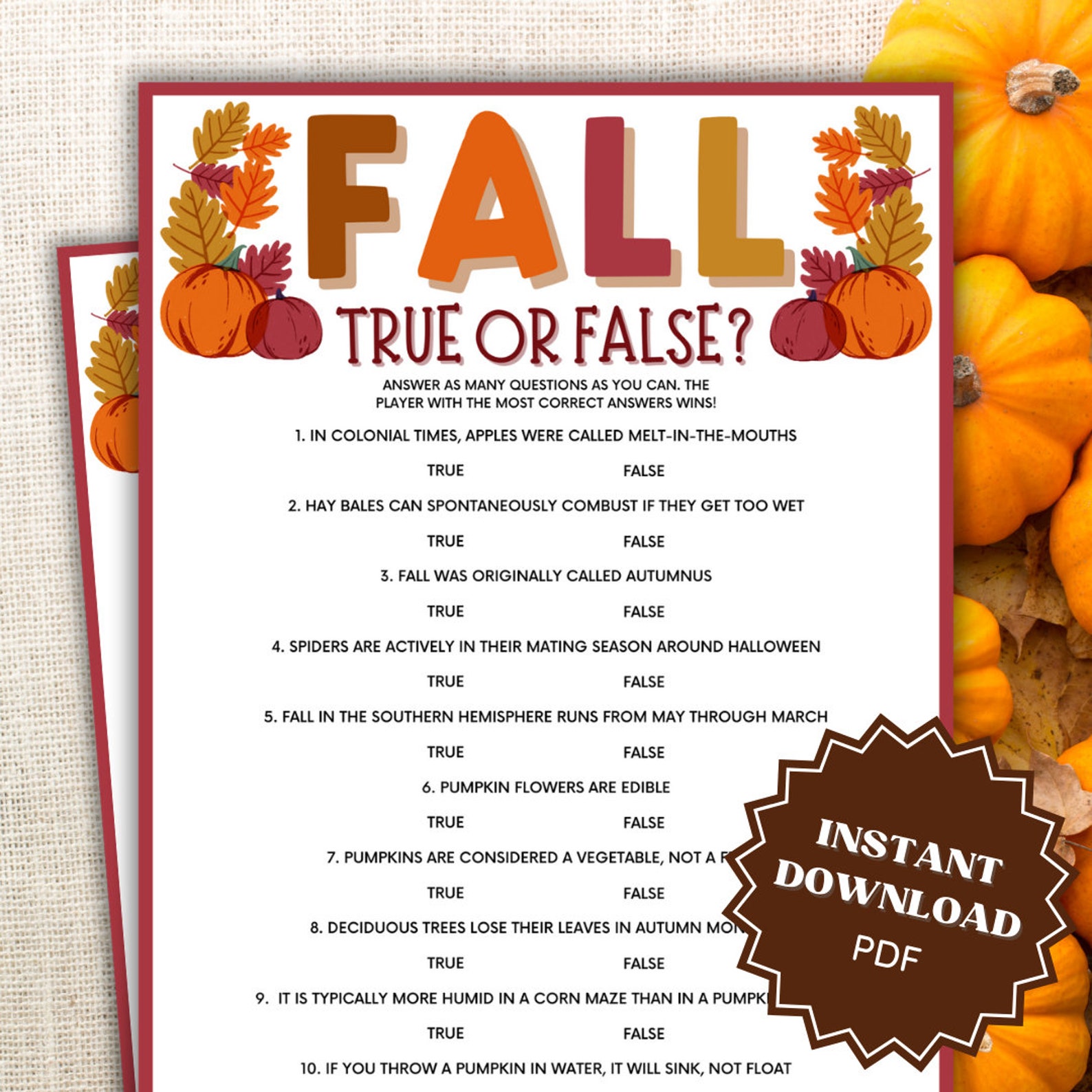 True or False Fall Trivia Game: Printable Autumn Activity (digital ...