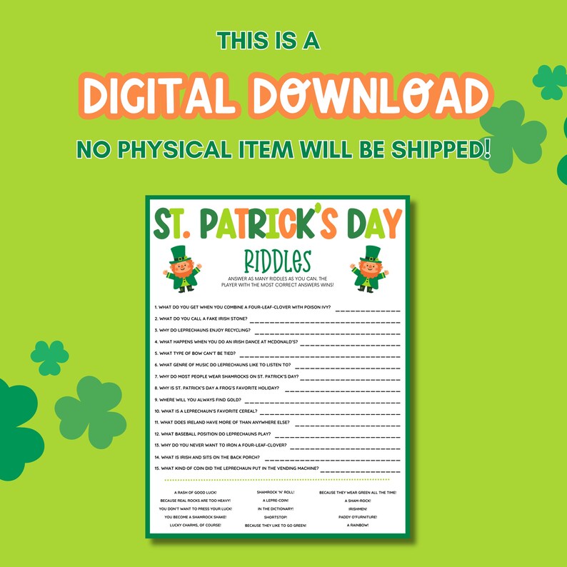 St Patricks Day Riddles Game for Kids: Family Trivia (printable PDF) - Etsy