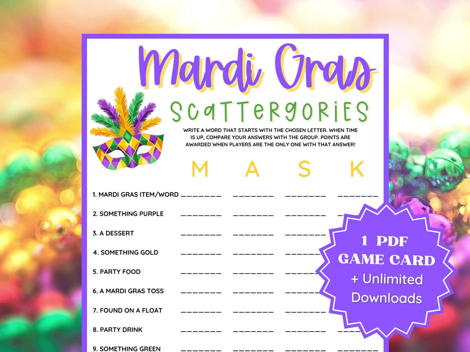 Mardi Gras Scattergories Game: Printable Party Fun (PDF) - Etsy