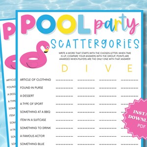 Scattergories Pool Party Printable Game, Word Games, Pool Party Game ...