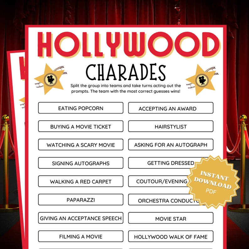 Oscars Charades Party Game: Hollywood Theme (digital Download) - Etsy