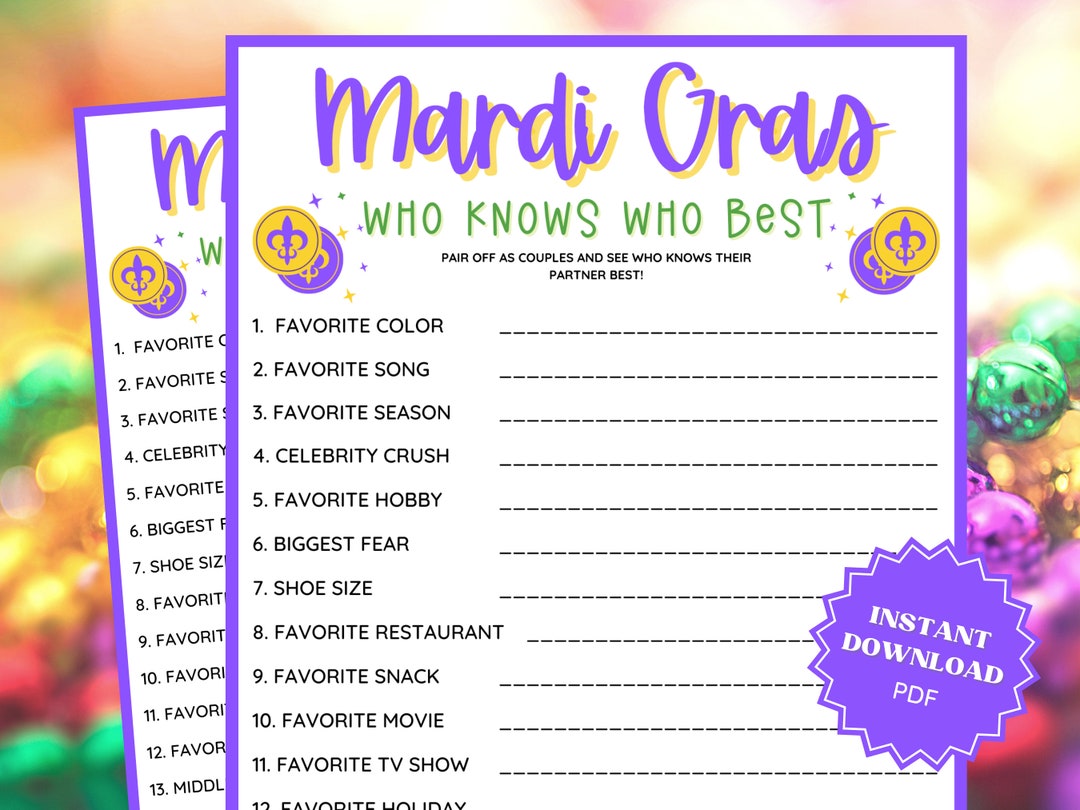 Mardi Gras Who Knows Game, Adult Party Printable (digital Download - Etsy
