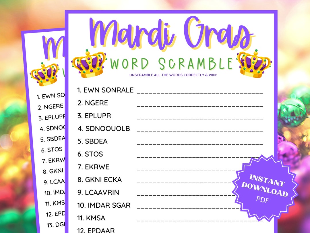 Mardi Gras Game Word Scramble, Mardi Gras Party, Mardi Gras Printable ...