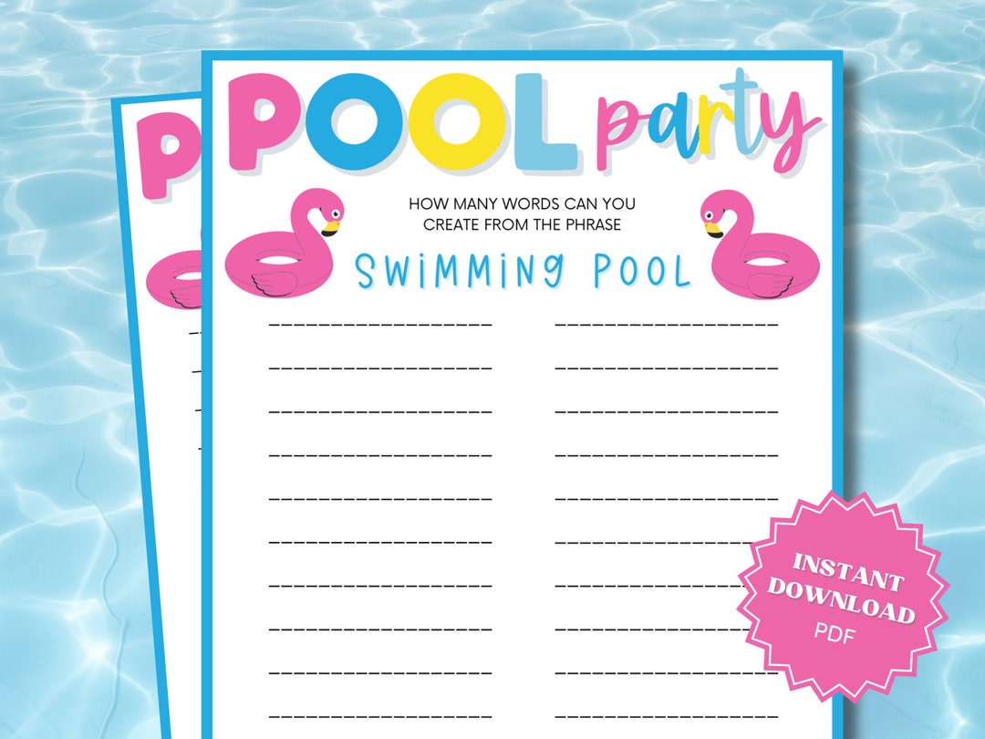 Word Game Pool Party Printable Game for Kids, Pool Party Games, Word ...
