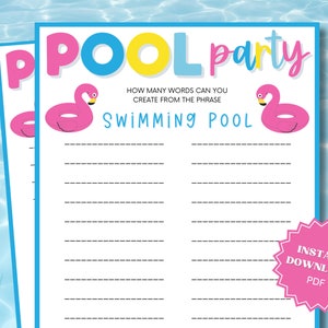 Word Game Pool Party Printable Game for Kids, Pool Party Games, Word ...