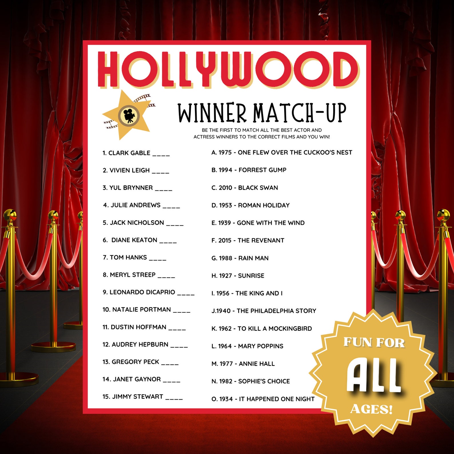 Oscars Party Trivia Game: Winner Match-up (digital Download) - Etsy