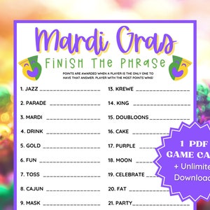 Mardi Gras Finish the Phrase Game, Mardi Gras Party, Mardi Gras ...