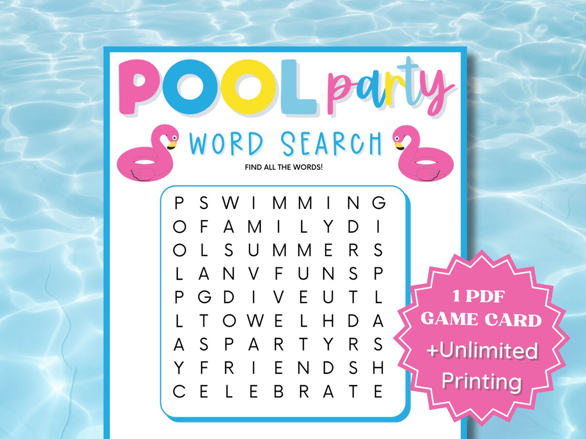 Pool Party Word Search Game: Printable Kids Activity (digital Download ...