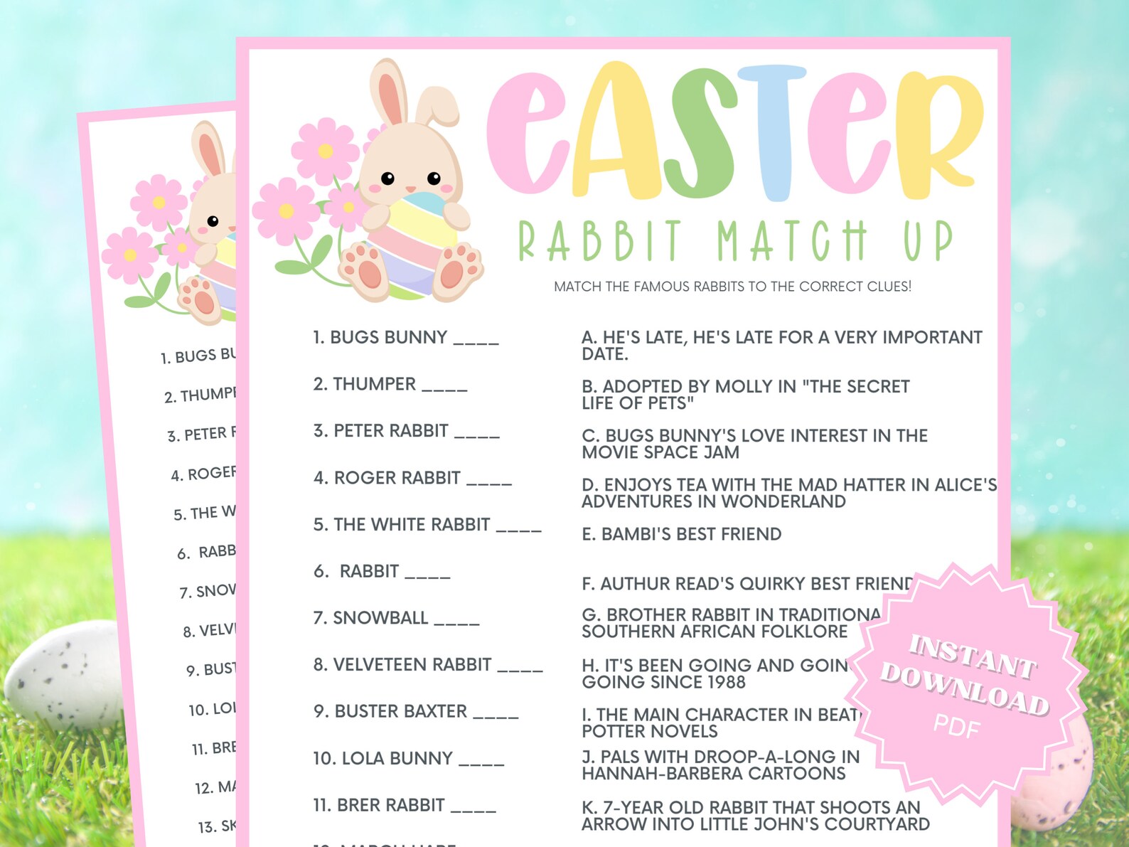 Rabbit Match up Printable Easter Game Group Games Trivia - Etsy