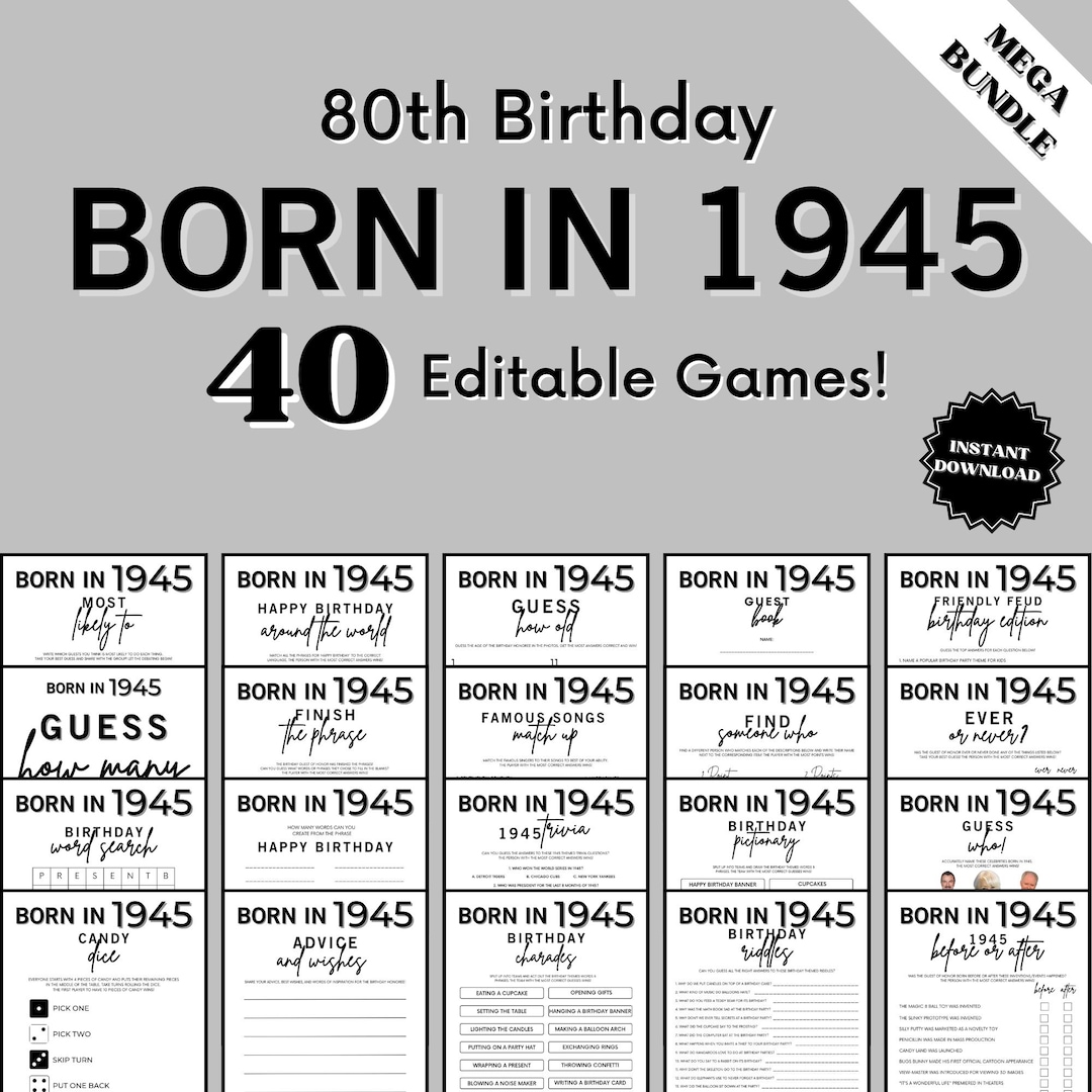 80th Birthday Games Born in 1945, 80th Birthday Party Ideas 1945, 80th ...