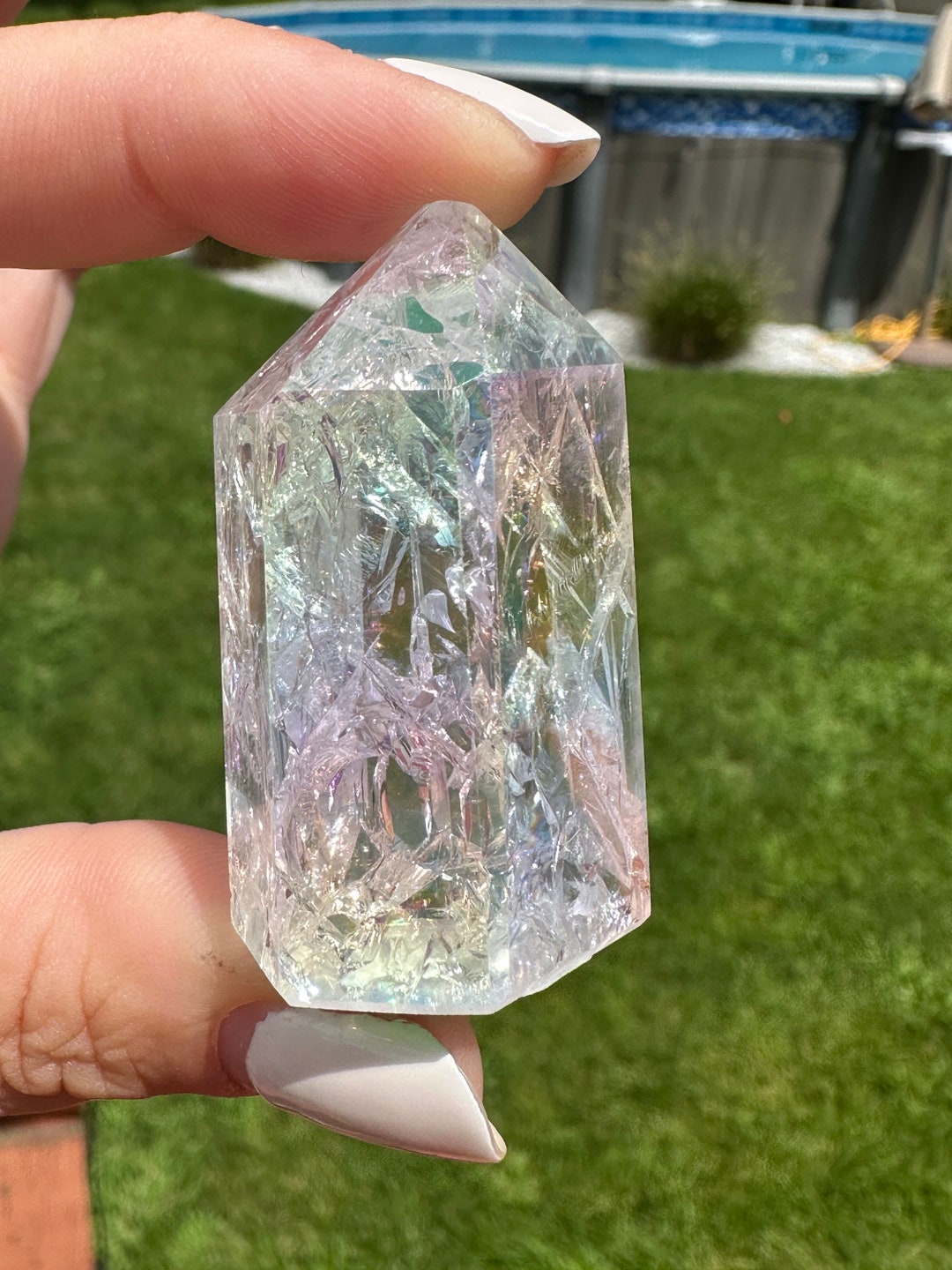 Aura Coated Crackle Quartz Polished Crystal Tower, Fire and Ice Crystal ...