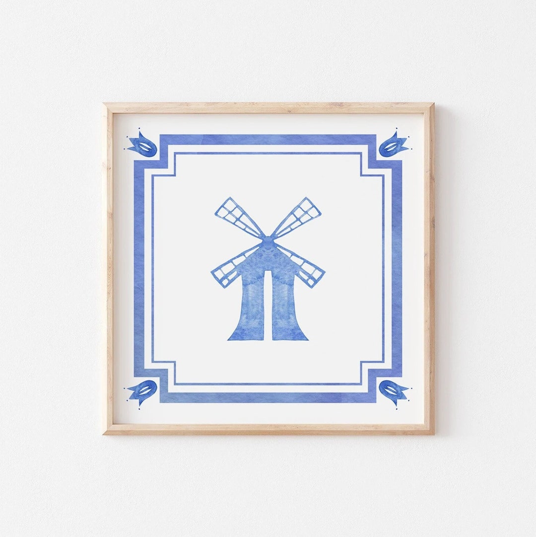 PRINTED 10x10" Windmill Poster, Dutch Windmill Decor, Blue Watercolor ...