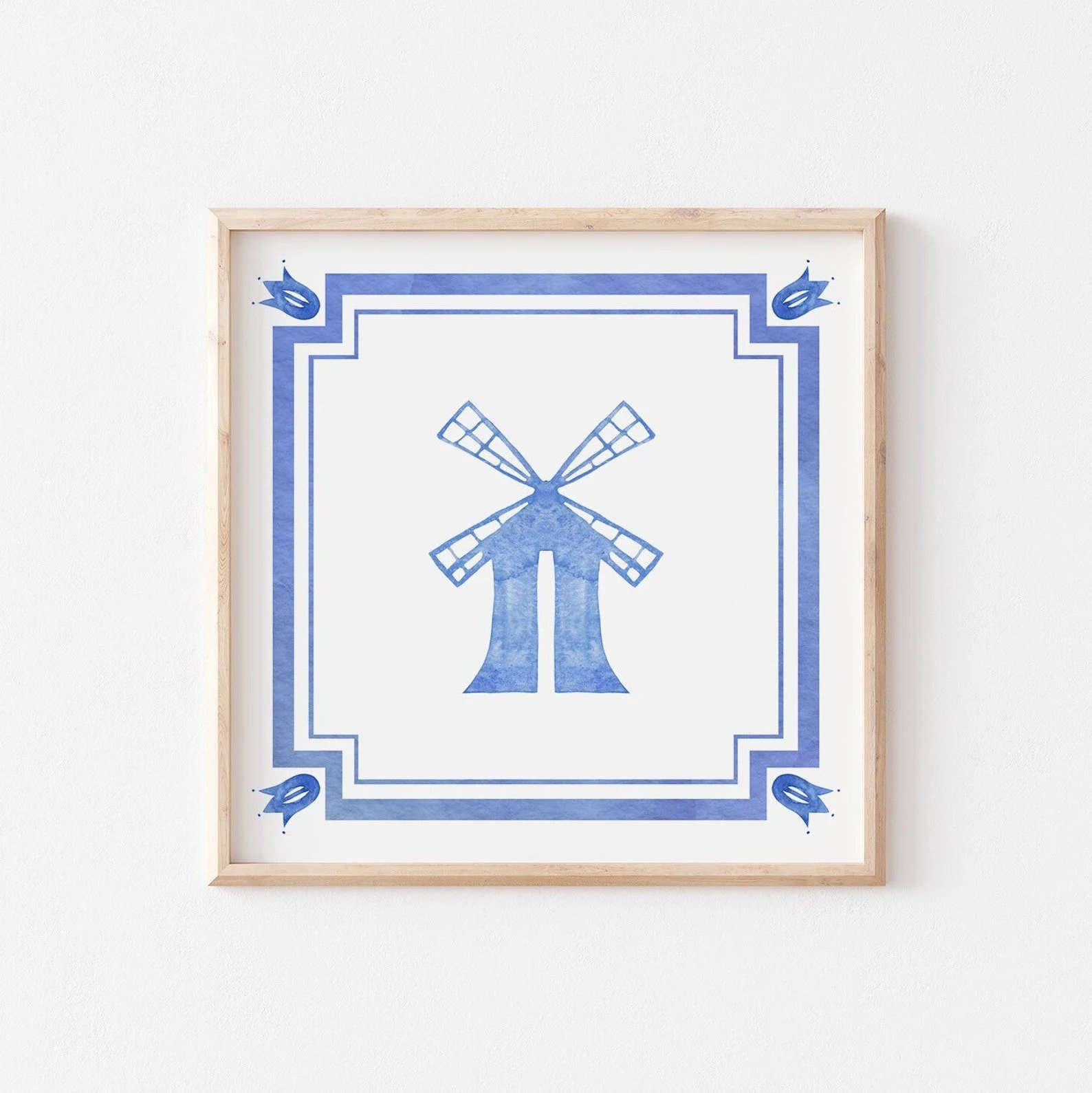 PRINTED 10x10" Windmill Poster, Dutch Windmill Decor, Blue Watercolor ...