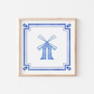 PRINTED 10x10" Windmill Poster, Dutch Windmill Decor, Blue Watercolor ...