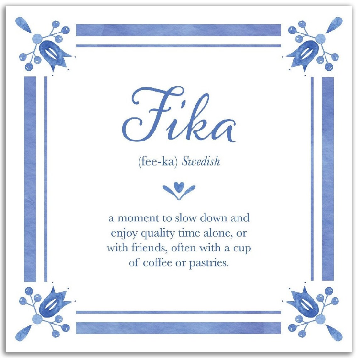 PRINTED 10x10" Fika Definition Print, Swedish Folk Art, Blue Fika Sign ...