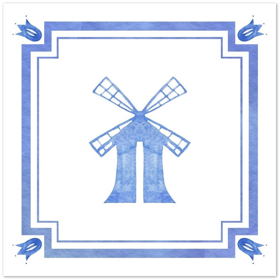 PRINTED 10x10" Windmill Poster, Dutch Windmill Decor, Blue Watercolor ...