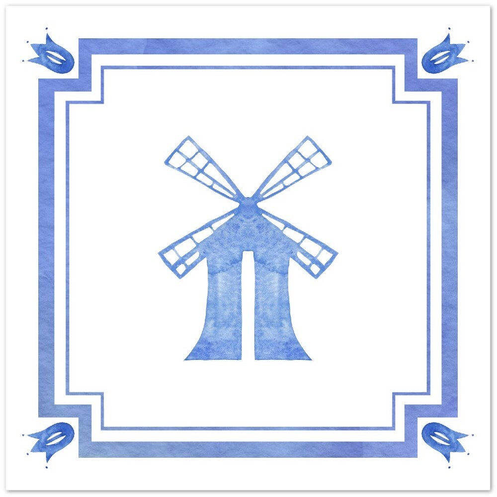 PRINTED 10x10" Windmill Poster, Dutch Windmill Decor, Blue Watercolor ...
