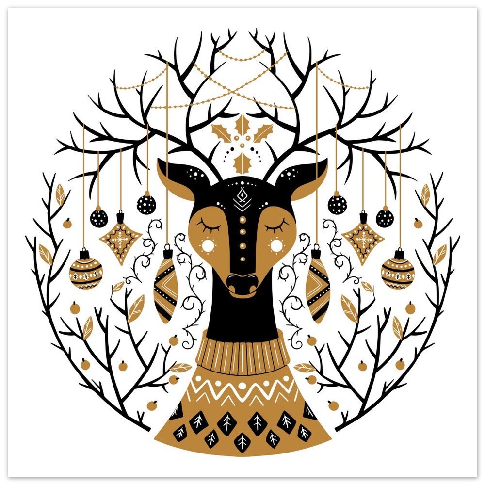 PRINTED Folk Art Deer Poster in Black and Gold - Holiday Decor ...