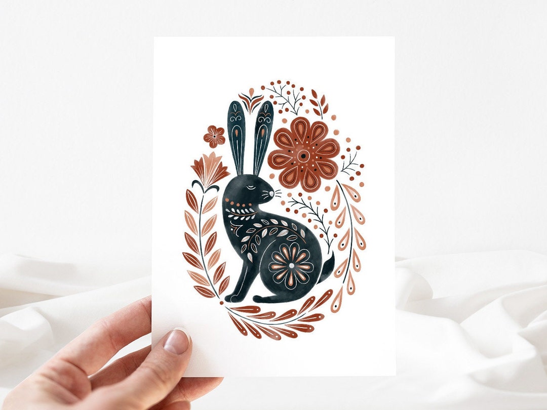 Pack of 10 Cards Folk Art Rabbit Greeting Cards Scandinavian Folk Art ...