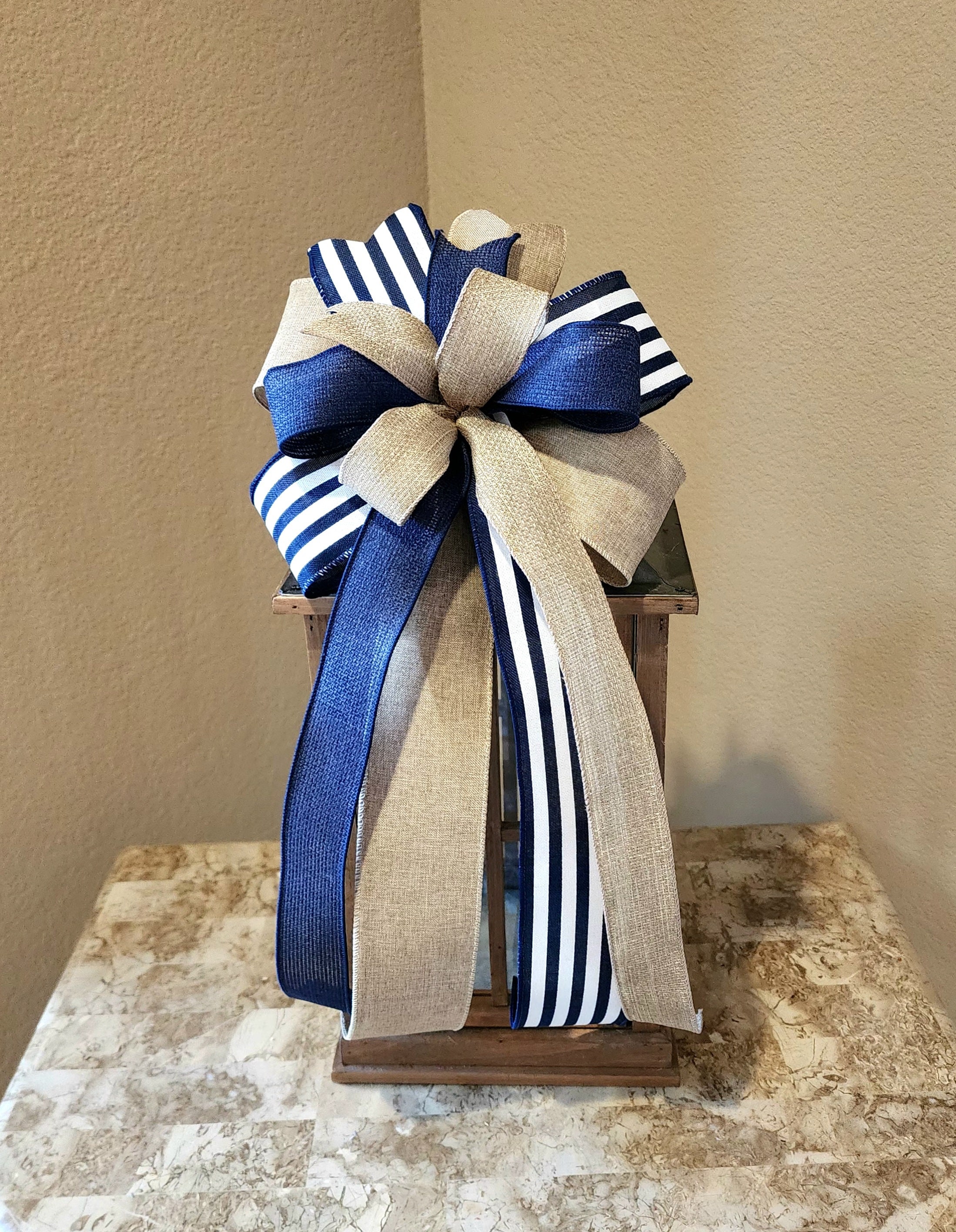Wreath Bow Lantern Bow Farmhouse Bow Handmade Bow Navy Blue, White and ...