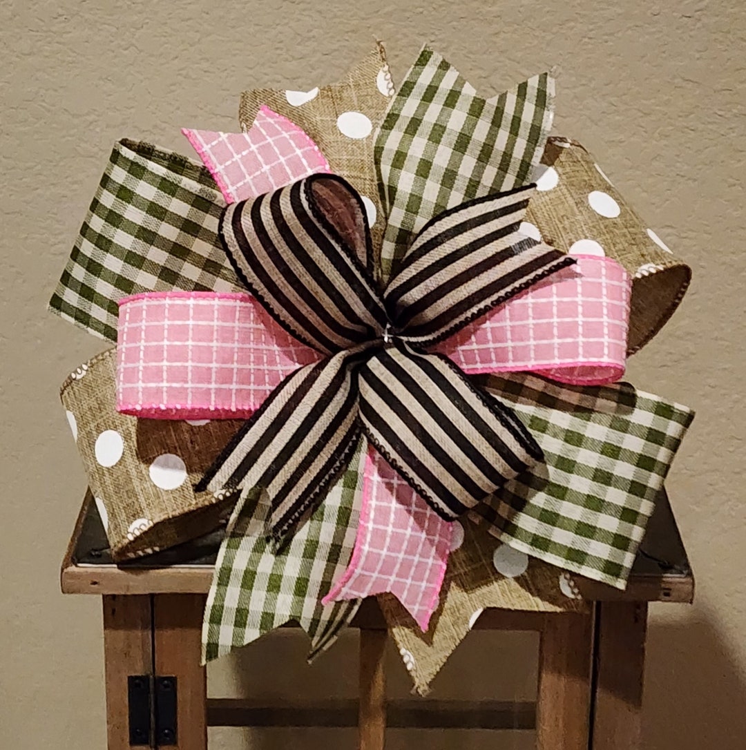 Wreath Bow Lantern Bow Farmhouse Bow Handmade Bow Moss Green, Pink ...