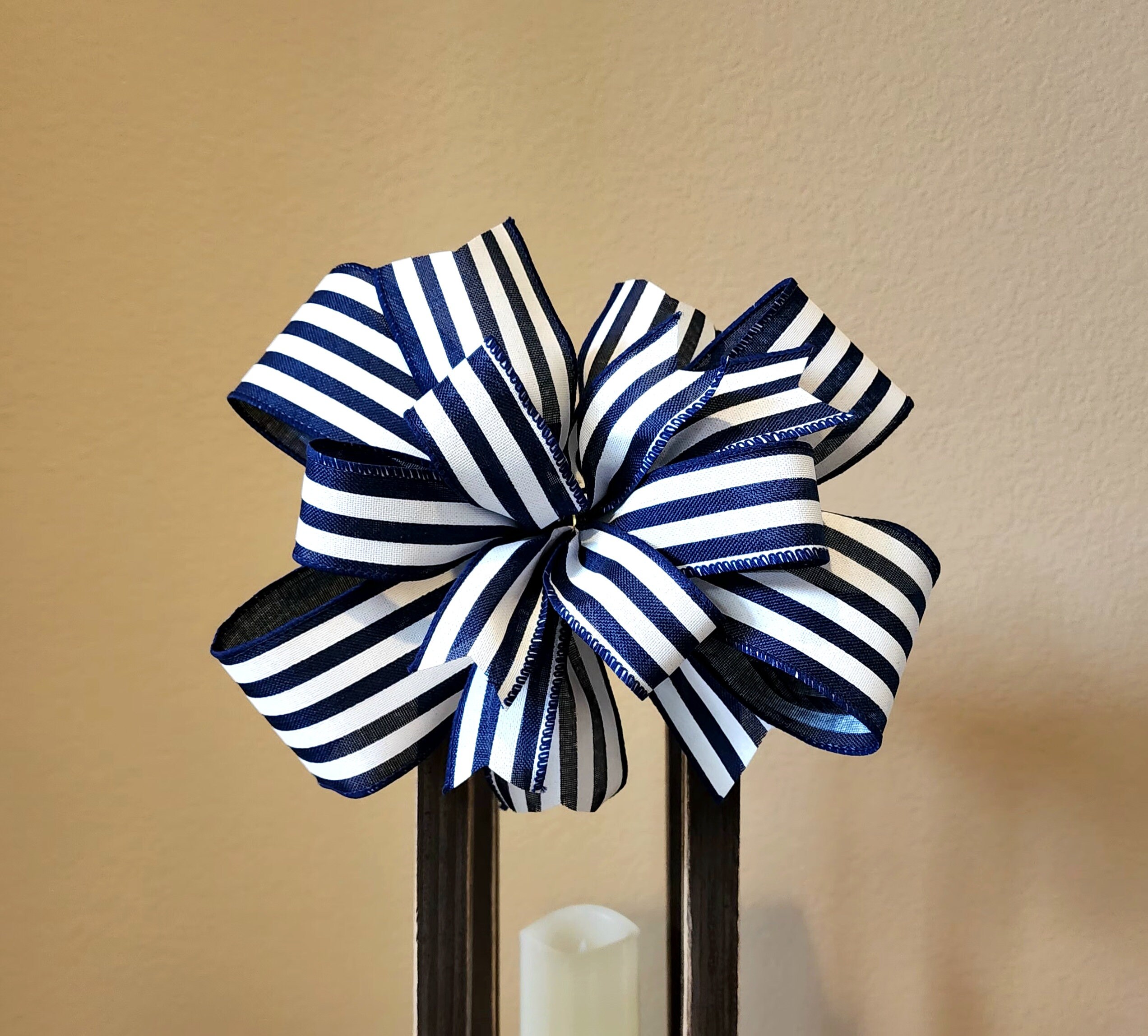 White and Navy Blue Striped Wreath Bow Nautical Bow White and Blue Bow ...