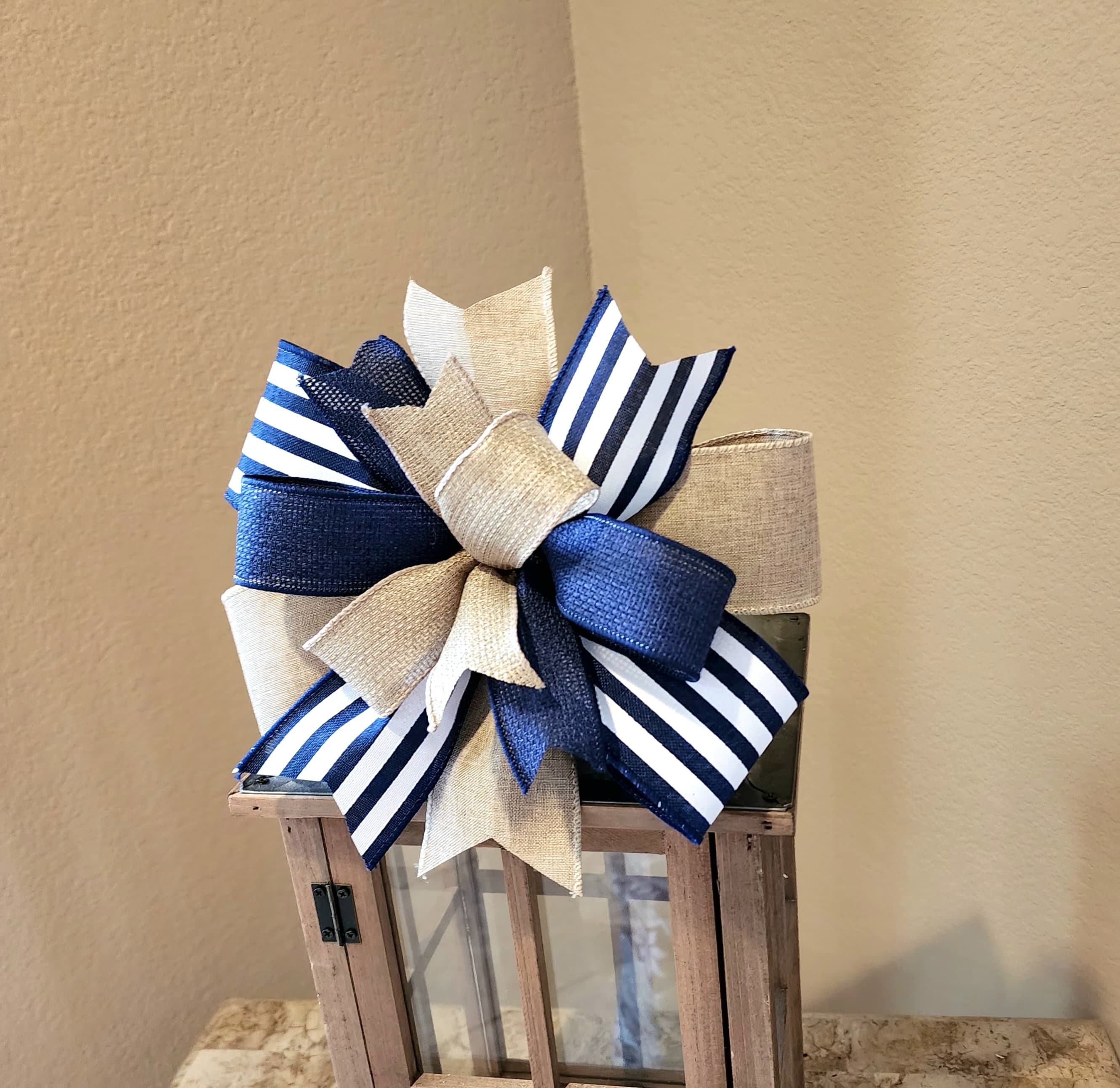Wreath Bow Lantern Bow Farmhouse Bow Handmade Bow Navy Blue, White and ...