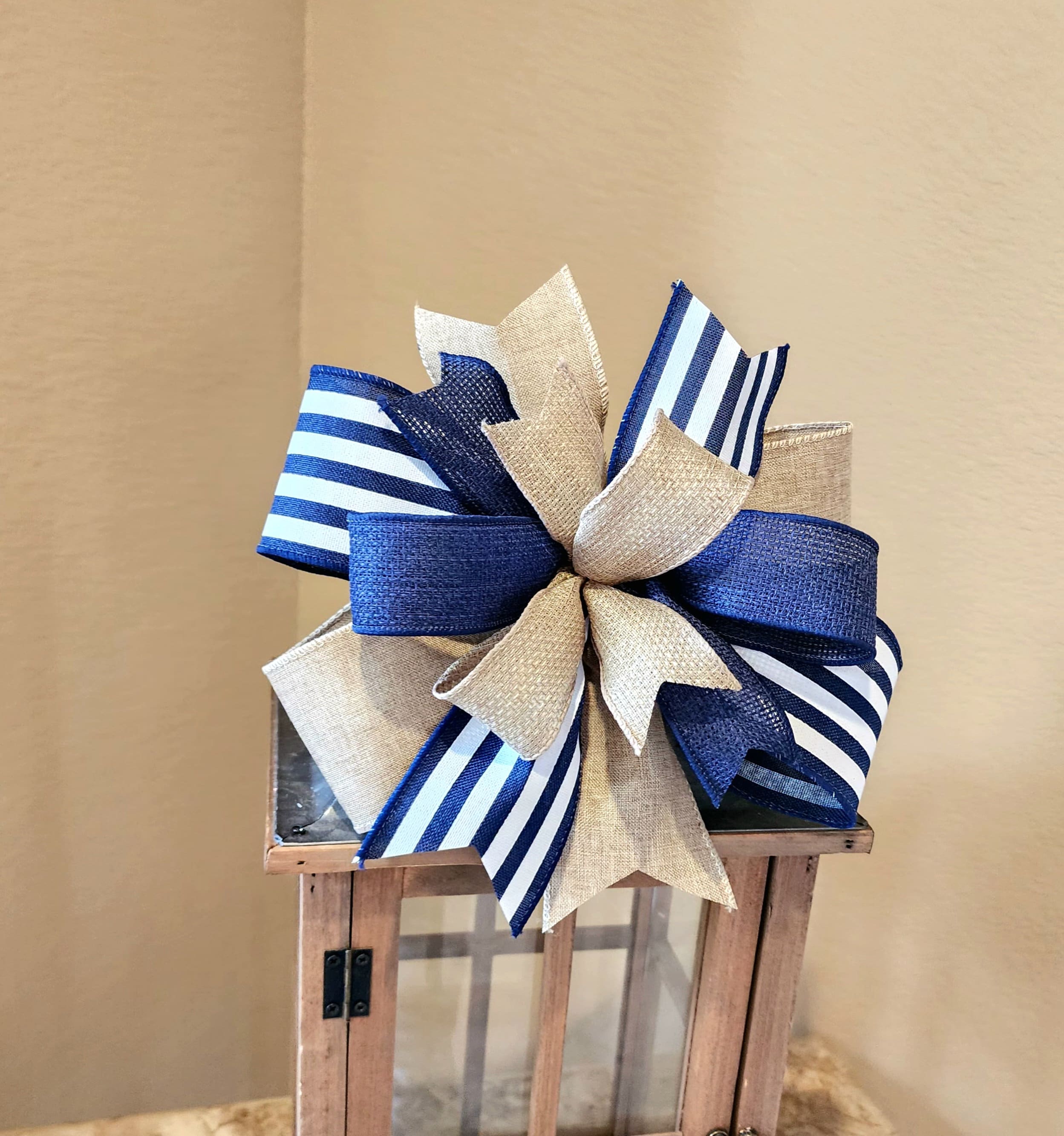 Wreath Bow Lantern Bow Farmhouse Bow Handmade Bow Navy Blue, White and ...