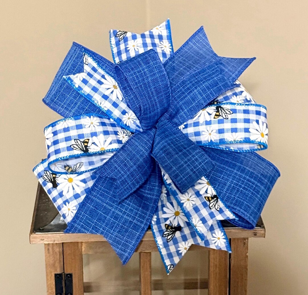 Blue Wreath Bow Blue and White Daisy Bow Flower Bow Lantern Bow Summer ...